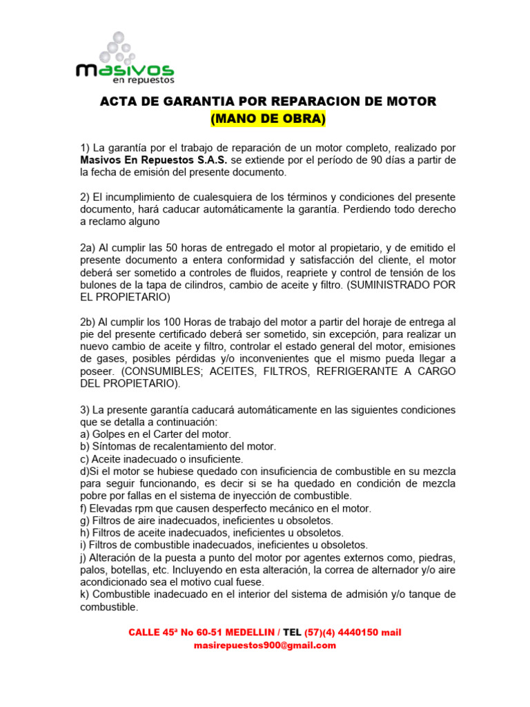 Acta de Garantia Reparacion de Motor | PDF | Bienes manufacturados ...