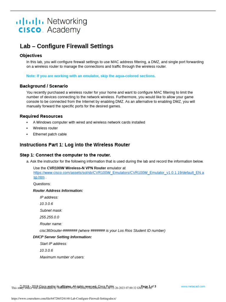 6.1.4.8 Lab Configure Firewall Settings | PDF | Port (Computer Networking) | Router (Computing)