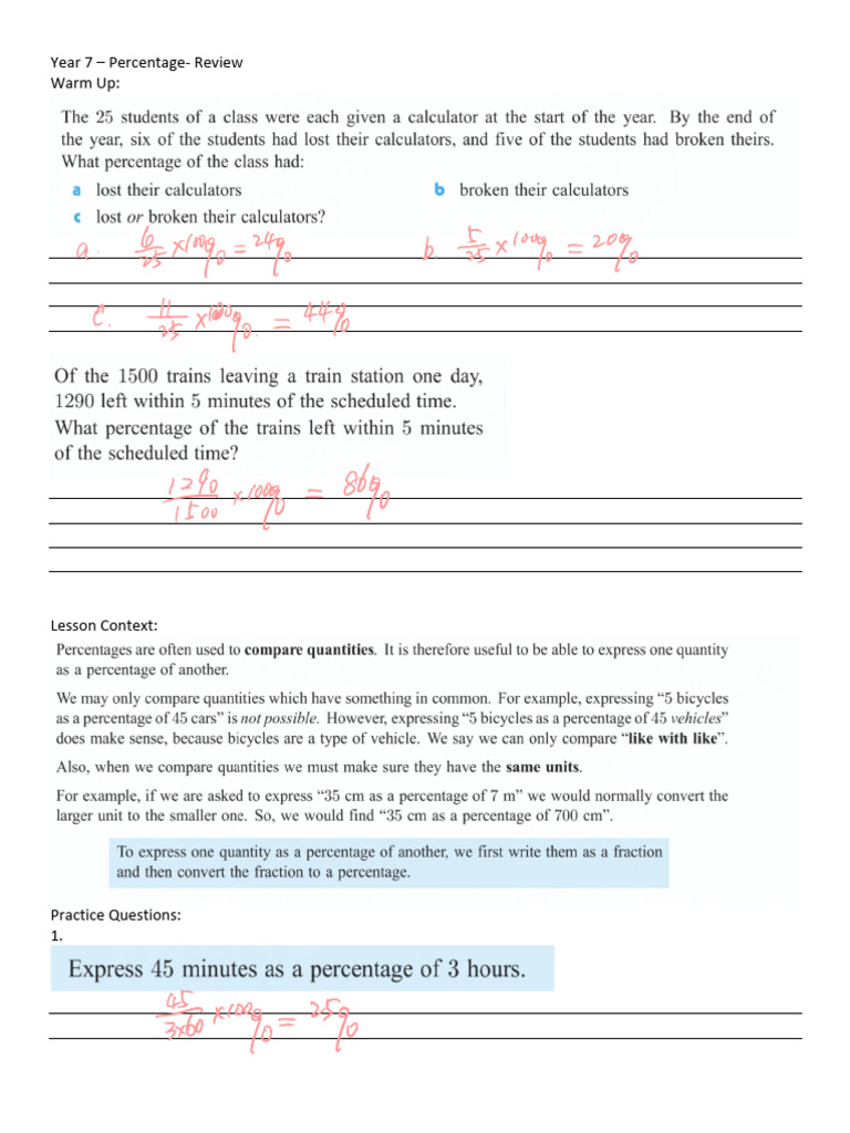 Percentage - One Quantity As A Percentage of Another Solutions | PDF
