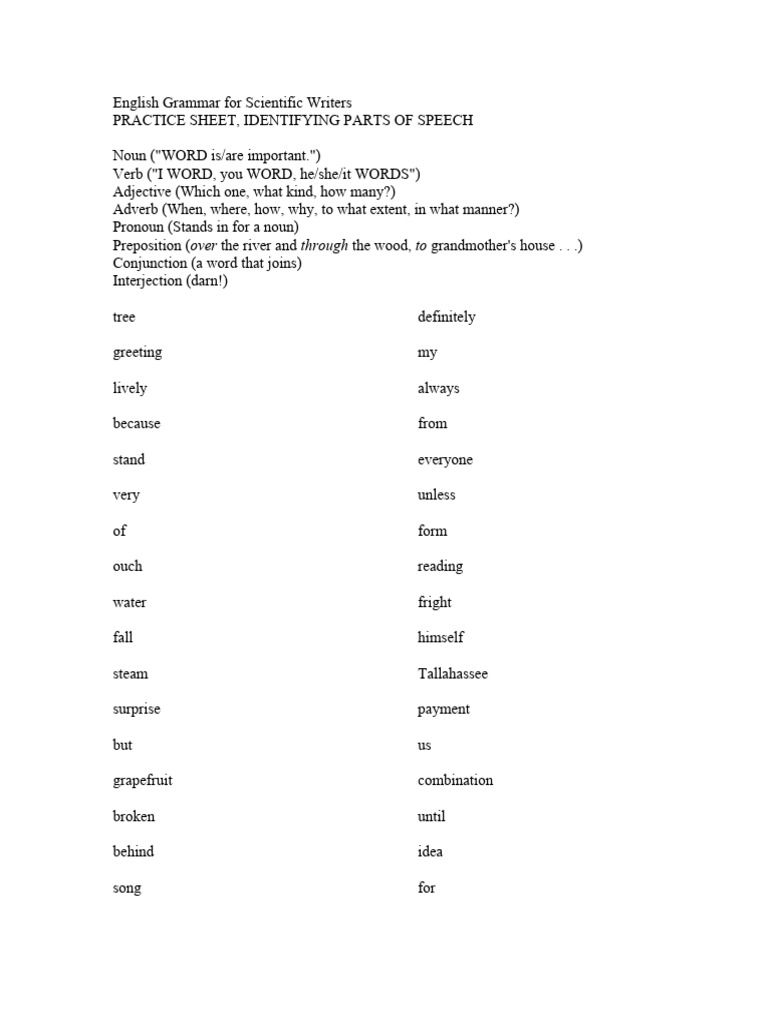 1c Grammar Basics Parts of Speech Practice | PDF
