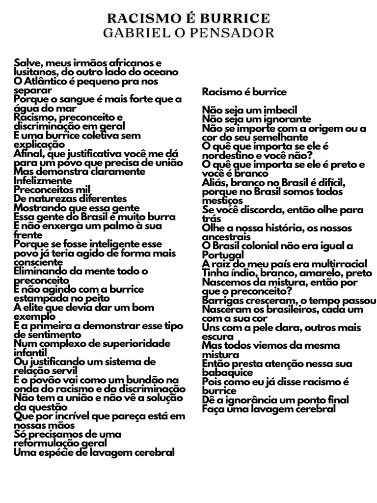 Racismo É Burrice Gabriel O Pensador Salve, Meus Irmãos Africanos e ...