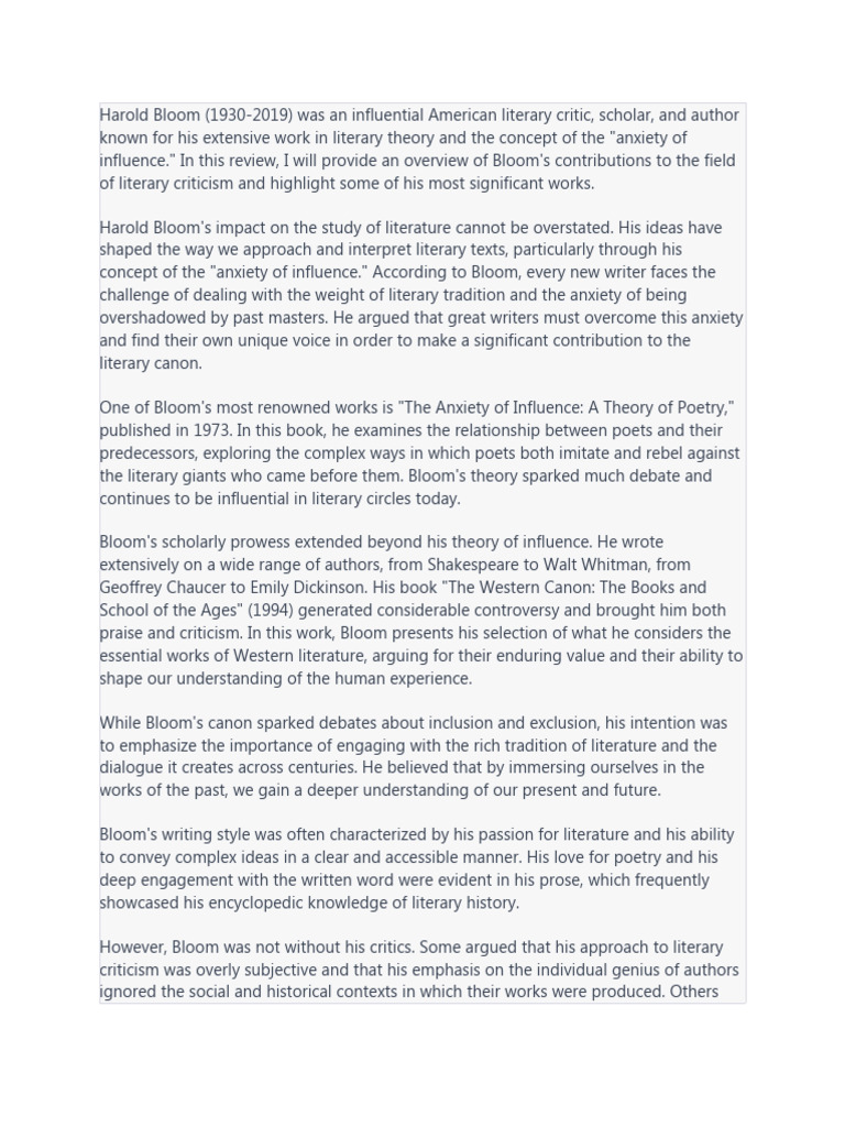 Harold Bloom Author Review | PDF | Literary Criticism