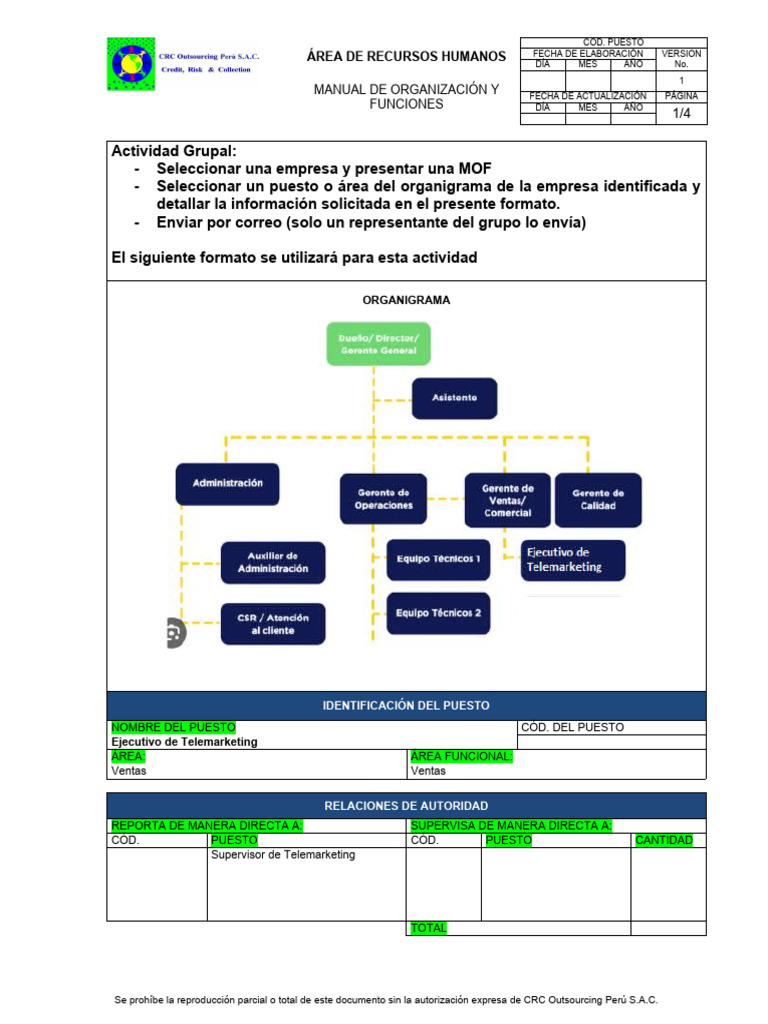 Manual de Organización: Ejecutivo Telemarketing | PDF | Negocios