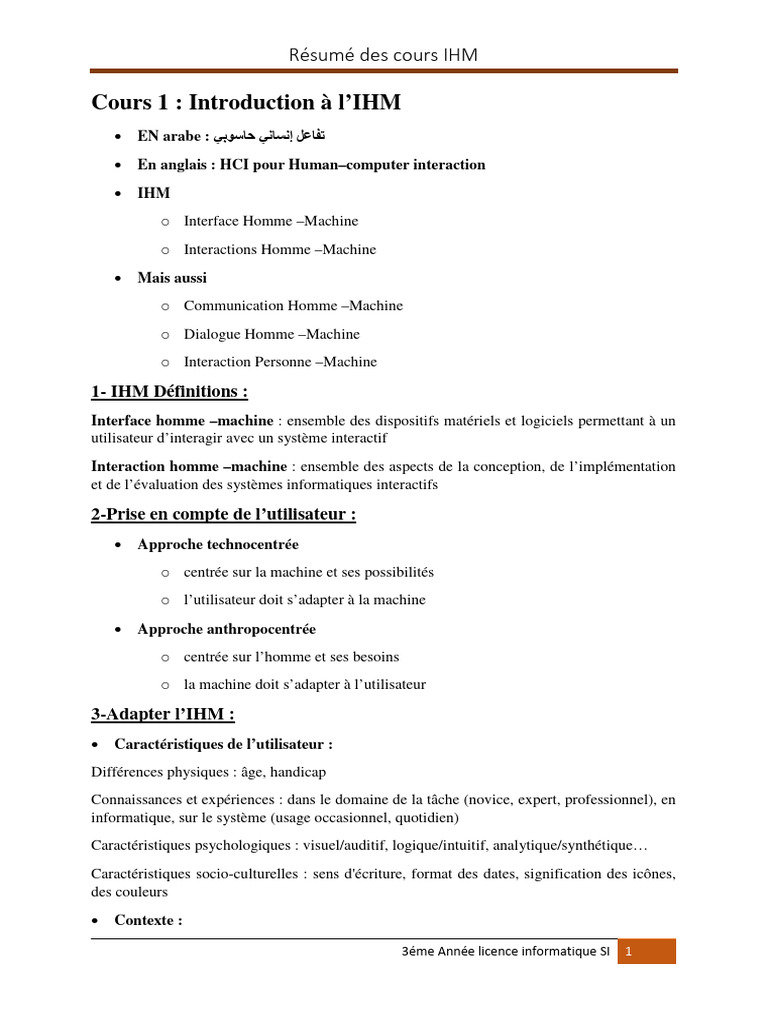 Résumé1 Interface Homme Machine | PDF | Ergonomie et facteurs humains | Interaction humain ...
