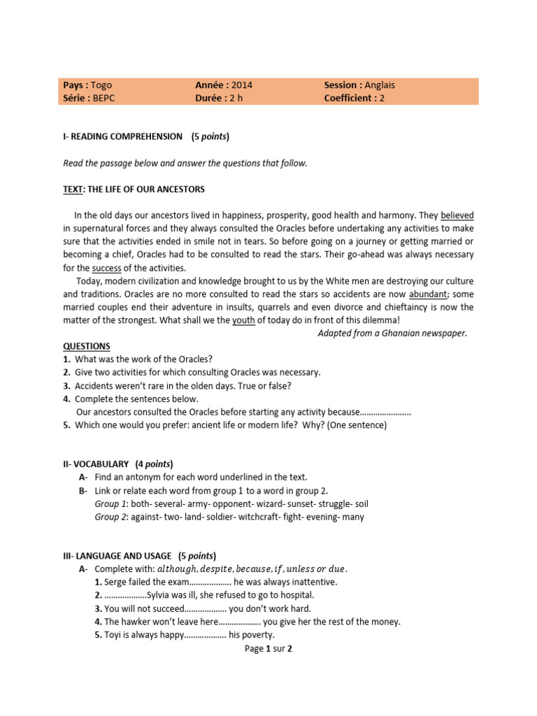 Togo BEPC 2014 Anglais | PDF