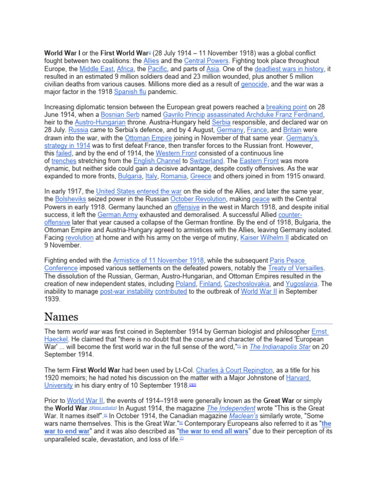 Names: World War I or The First World War | PDF | World War I | Allies ...
