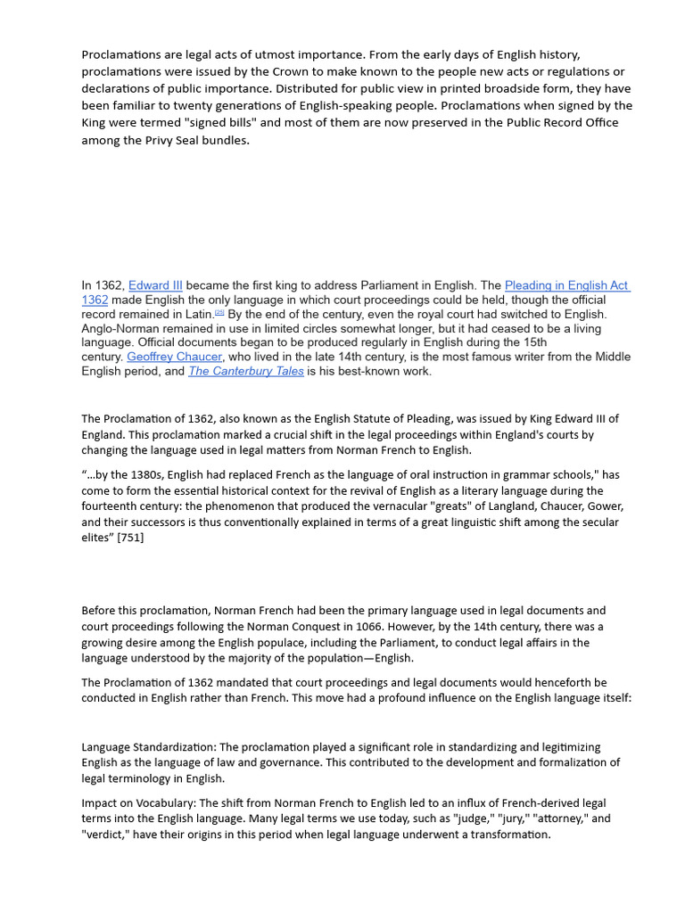 Impact of 1362 Proclamation on English Law | PDF | English Language ...