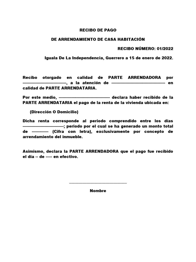 Recibo de Pago de Renta de Casa Habitacion | PDF | Finanzas y dinero