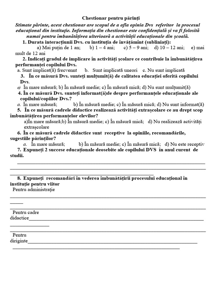 Chestionar Parinti 2021 | PDF