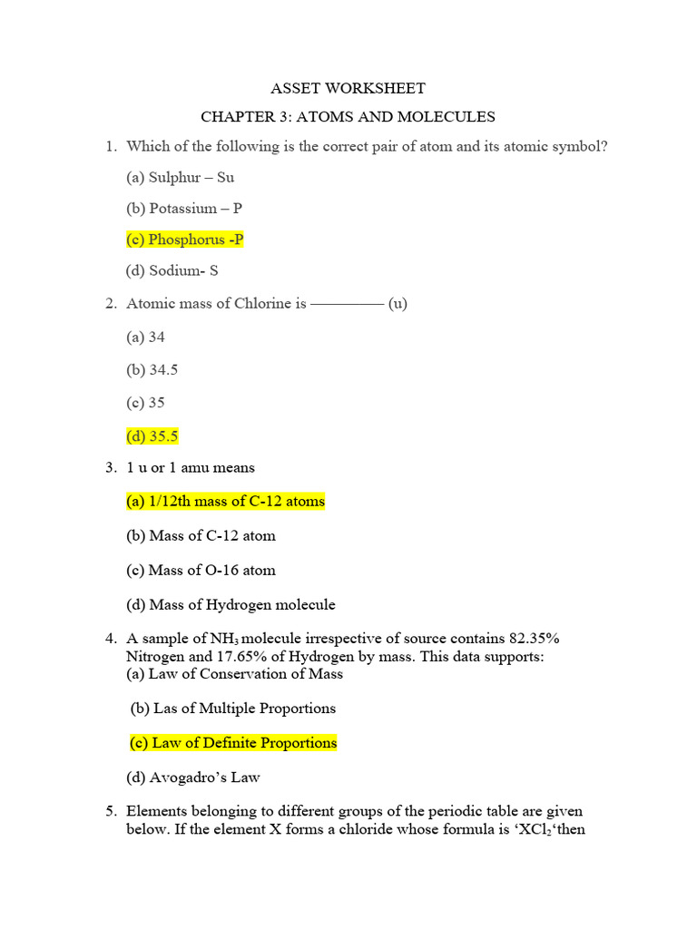 ASSET Questions Atoms and Molecules | PDF | Science & Mathematics