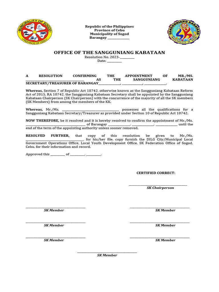 SK Secretary Appointment Resolution 2023 | PDF | Finance & Money Management
