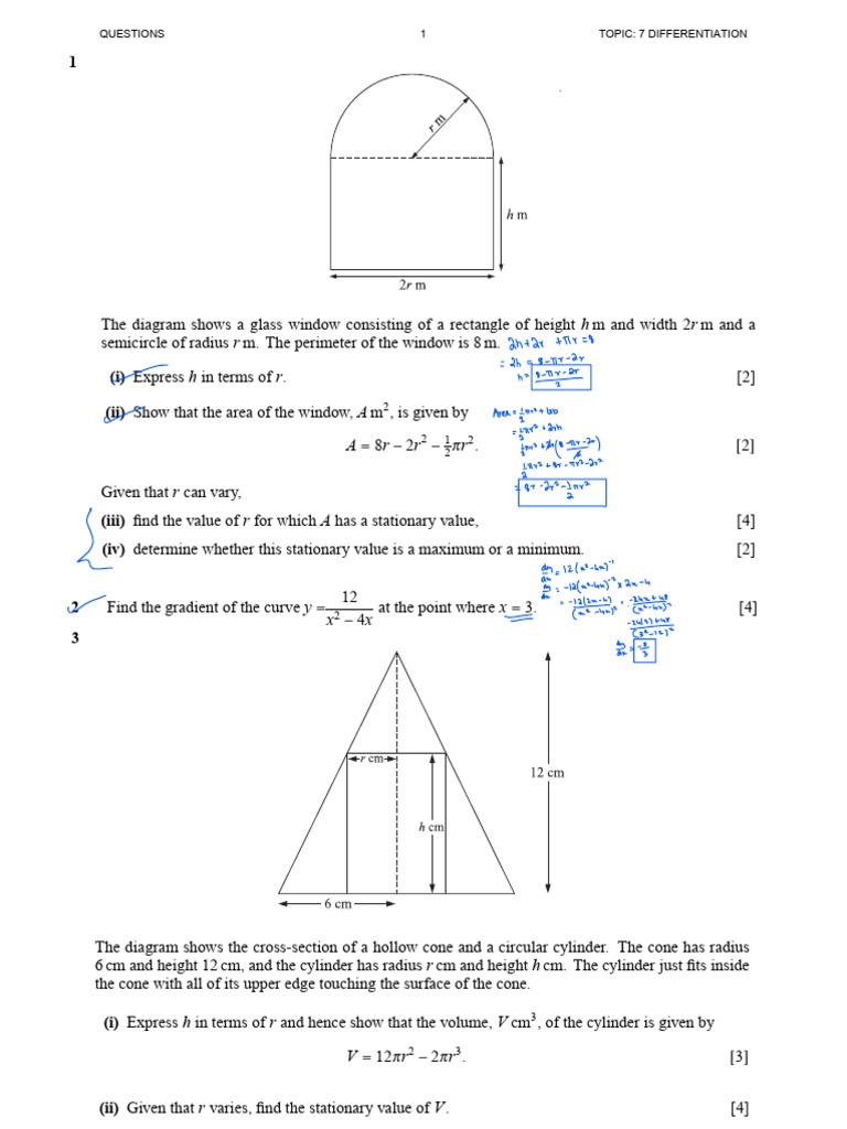 Differentiation Pastpaper Question S Pdf Area Tangent