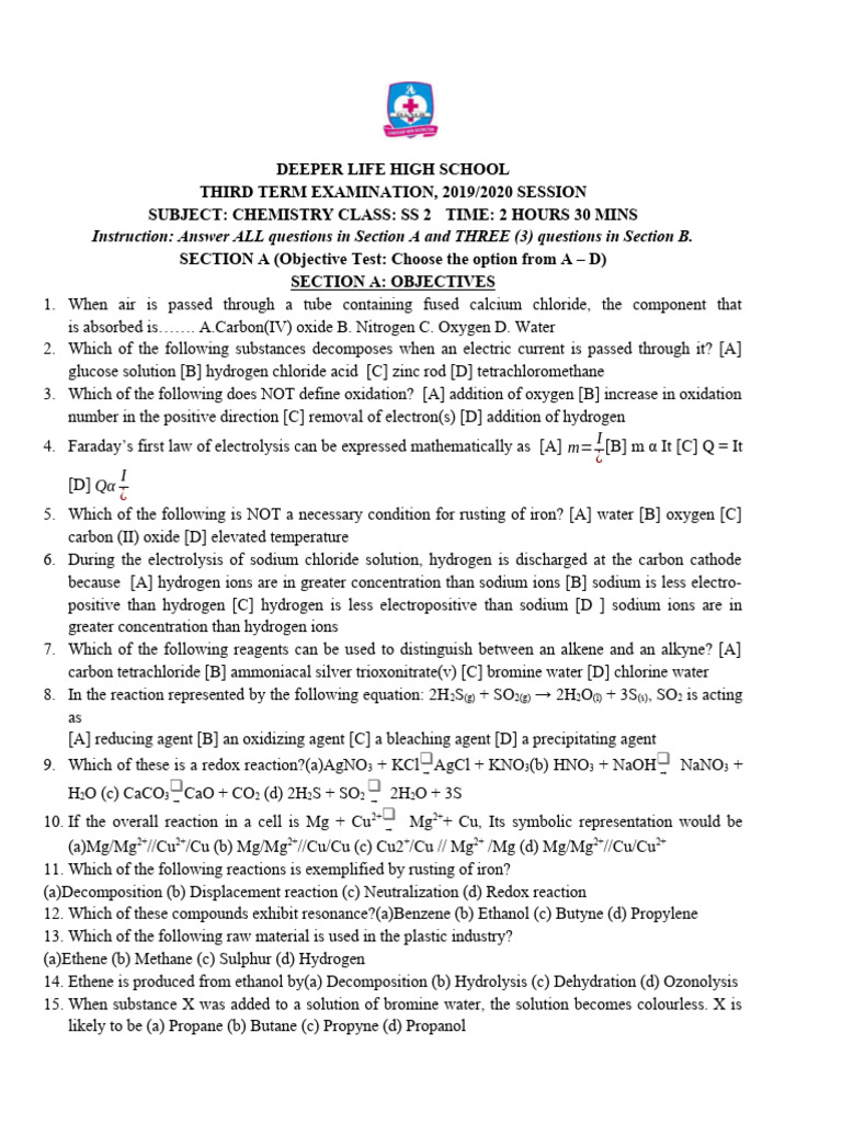 SS 2 Chemistry 3RD Term Exam 2020 | PDF