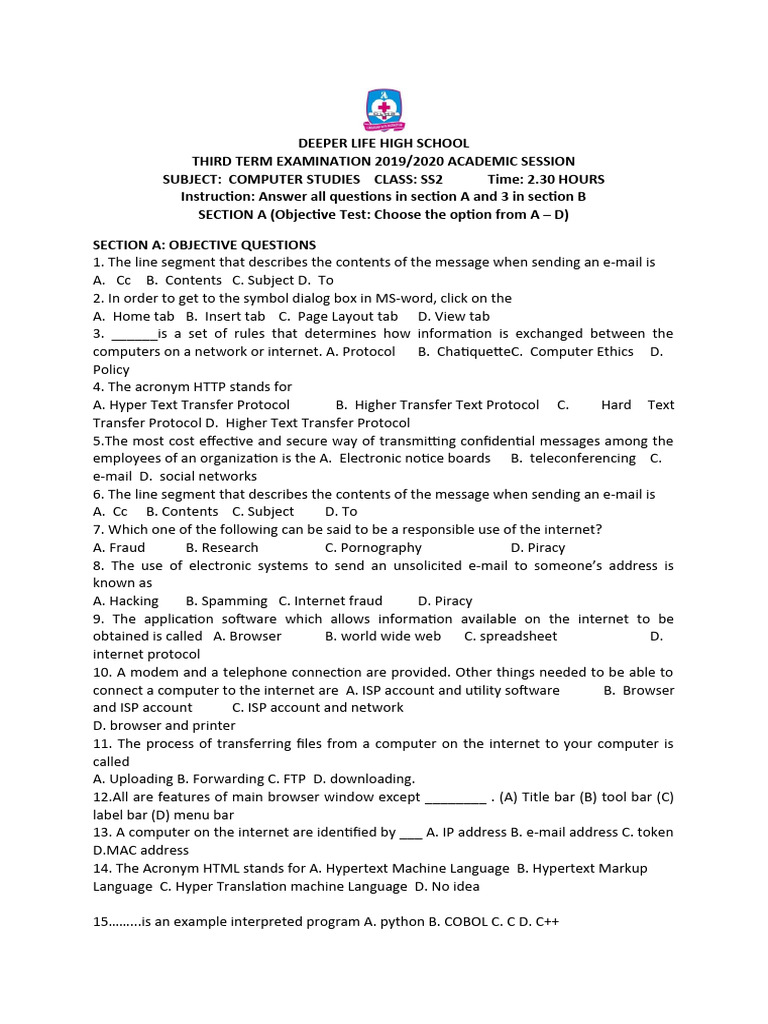 SS 2 Computer STD 3RD Term Exam 2020 | Download Free PDF | Logic Gate | World Wide Web