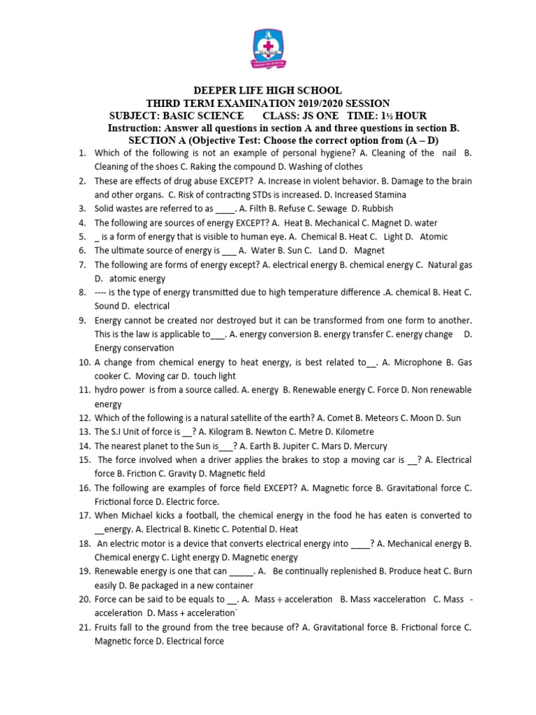 JS 1 Basic Science 3RD Term Exam | PDF | Force | Outer Space
