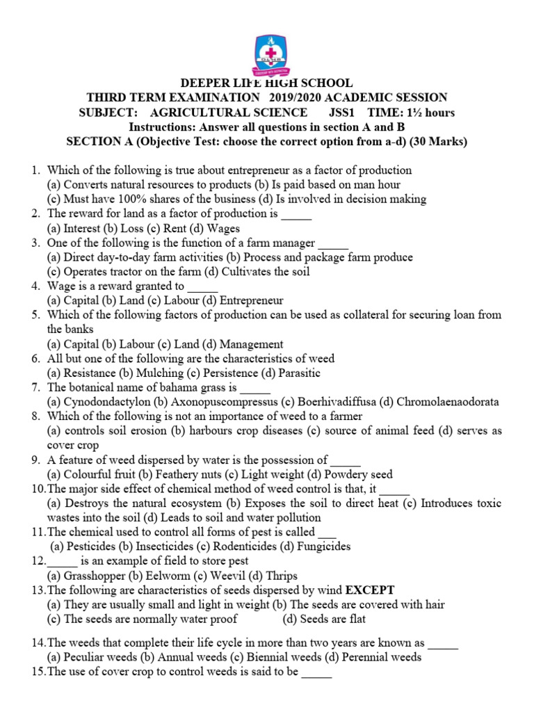 JSS1 Agricultural Science Exam Questions | PDF | Weed | Agriculture
