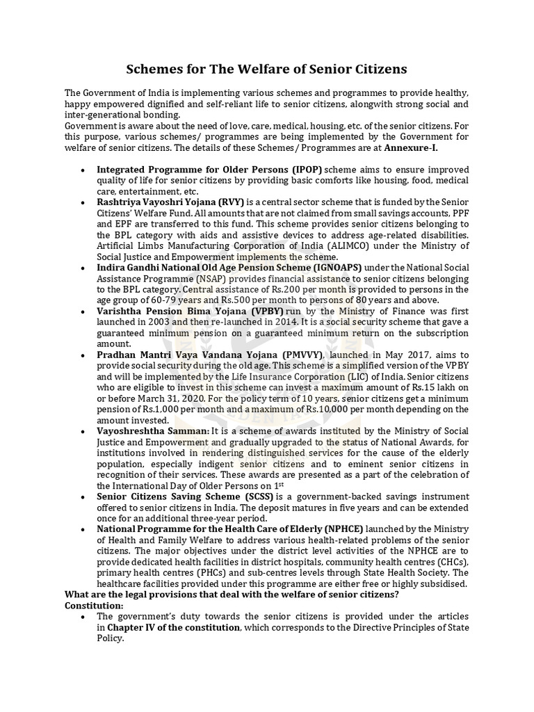 Welfare Schemes for Senior Citizens in India | PDF | Welfare | Social ...