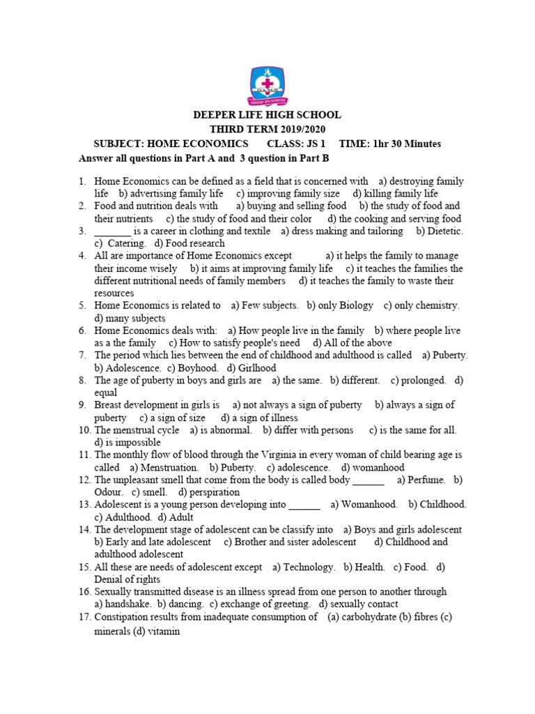 JS 1 Home Econs 3RD Term Exam 2020 | PDF | Foods | Puberty