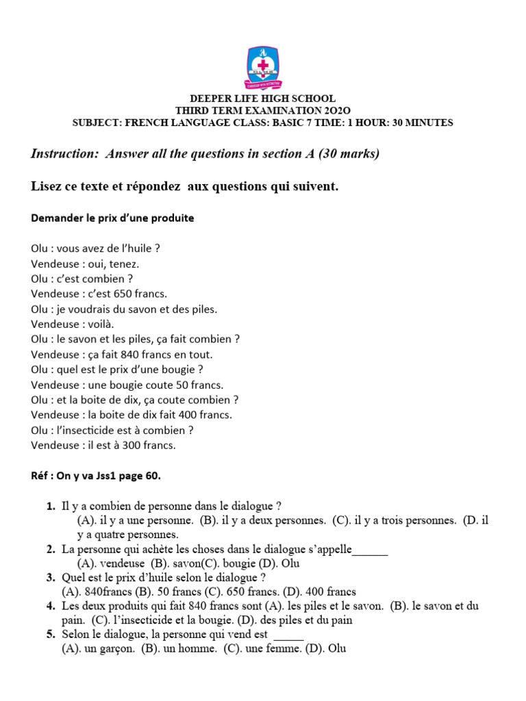 JS 1 French 3RD Term Exam 2020 | PDF