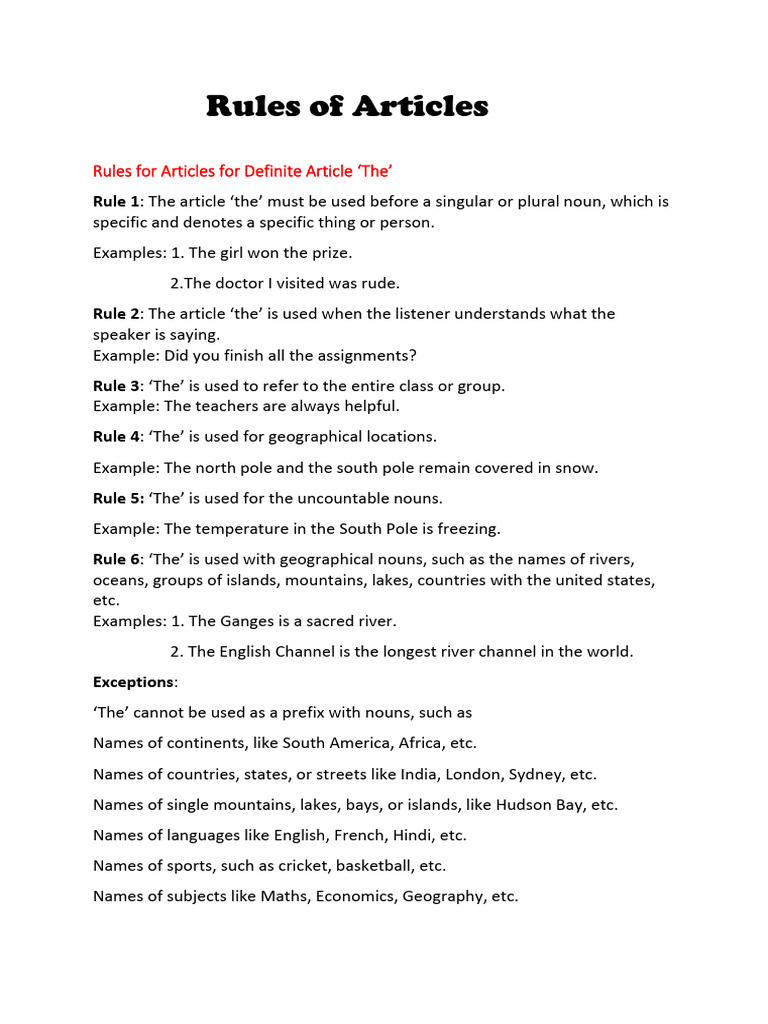 Rules of Articles | PDF | Noun | Plural