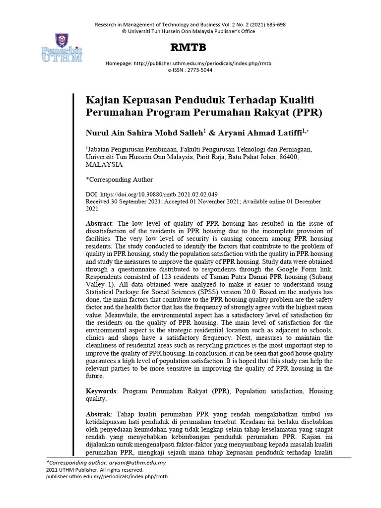 Kajian Kepuasan Penduduk Terhadap Kualiti Perumahan Program Perumahan Rakyat (PPR) | PDF