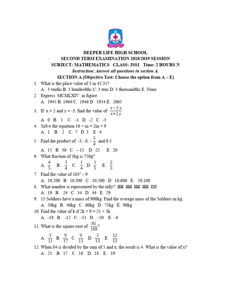 JS 1 Mathematics 3RD Term Exam 2020 | PDF | Rectangle | Triangle