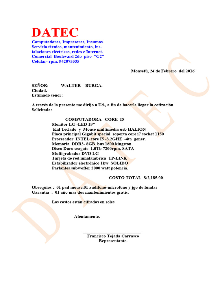 COTIZACIÓN COMPUTADORA CORE I5 | PDF