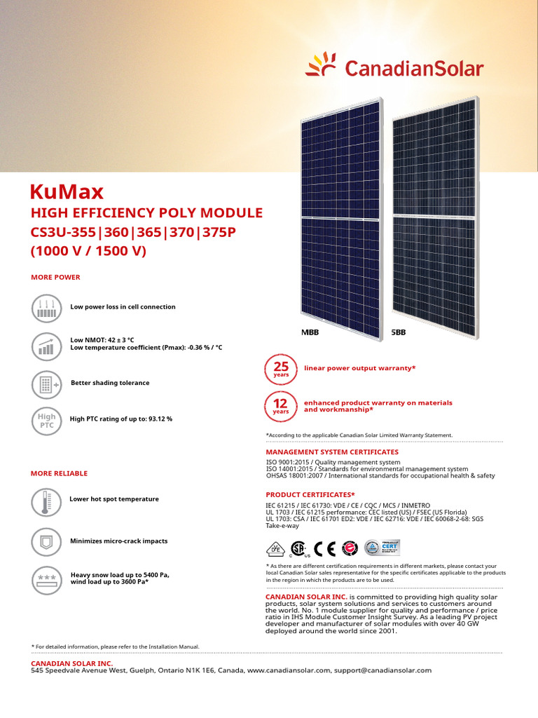 Canadian Solar 360W Module Datasheet | PDF | Solar Panel | Physical ...