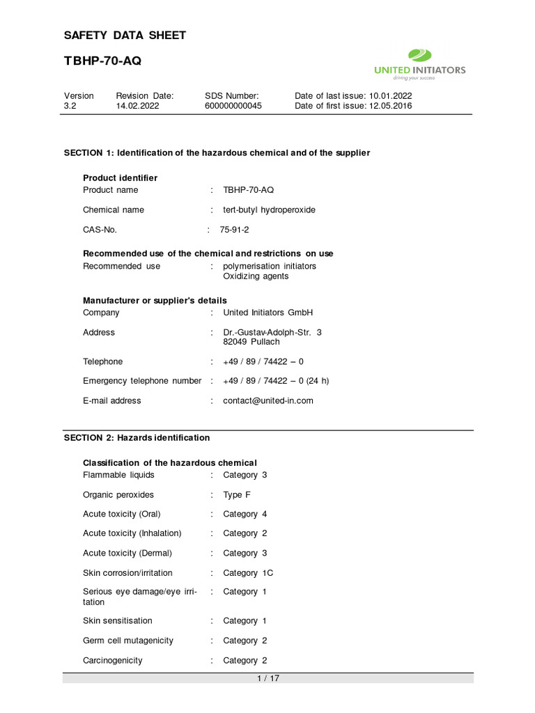 United Initiators TBHP-70-AQ MSDS MY EN | PDF | Toxicity | Dangerous Goods
