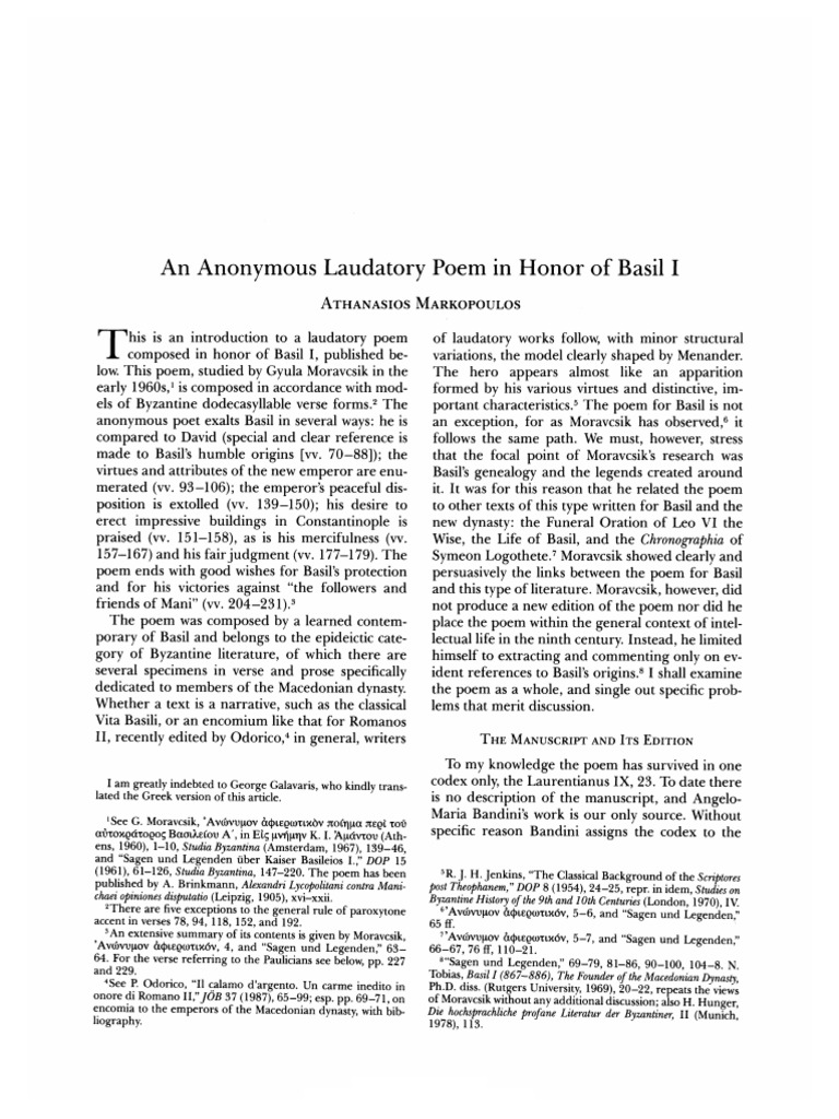 An Anonymous Laudatory Poem in Honor of Basil I, Dumbarton Oaks Papers ...