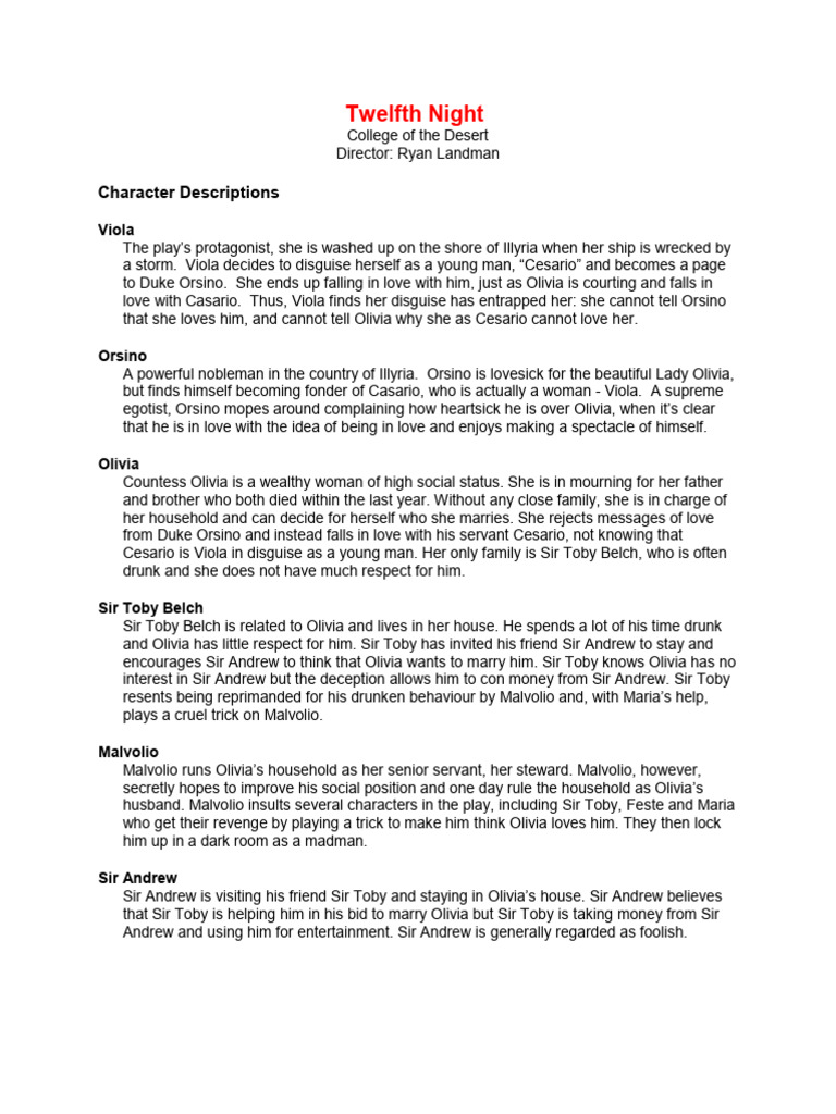Twelfth Night Character Guide | PDF | Mystery, Thriller & Crime Fiction