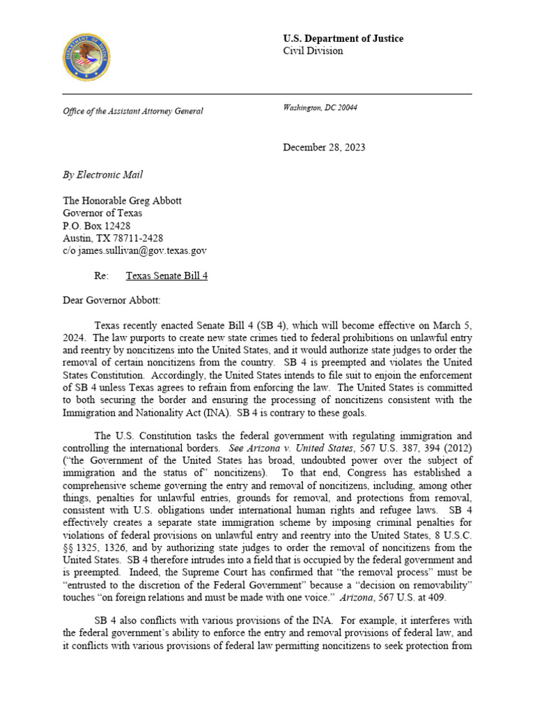 Department of Justice Letter To Governor Abbott Re SB 4 | PDF