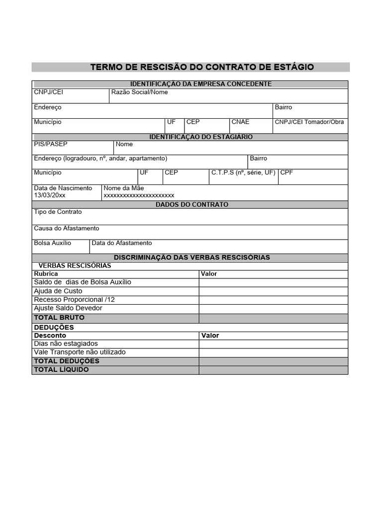 Modelo de Termo de Rescisão de Contrato de Estagio | PDF