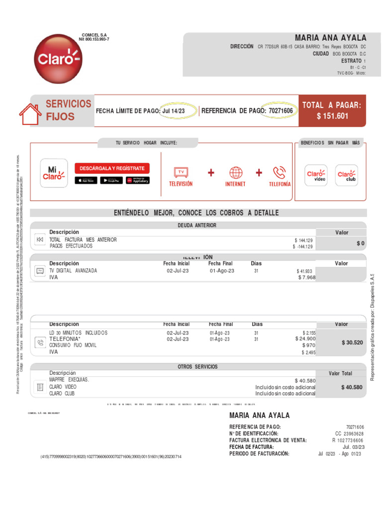 Factura Electrónica Comcel S.A. - Jul 2023 | PDF