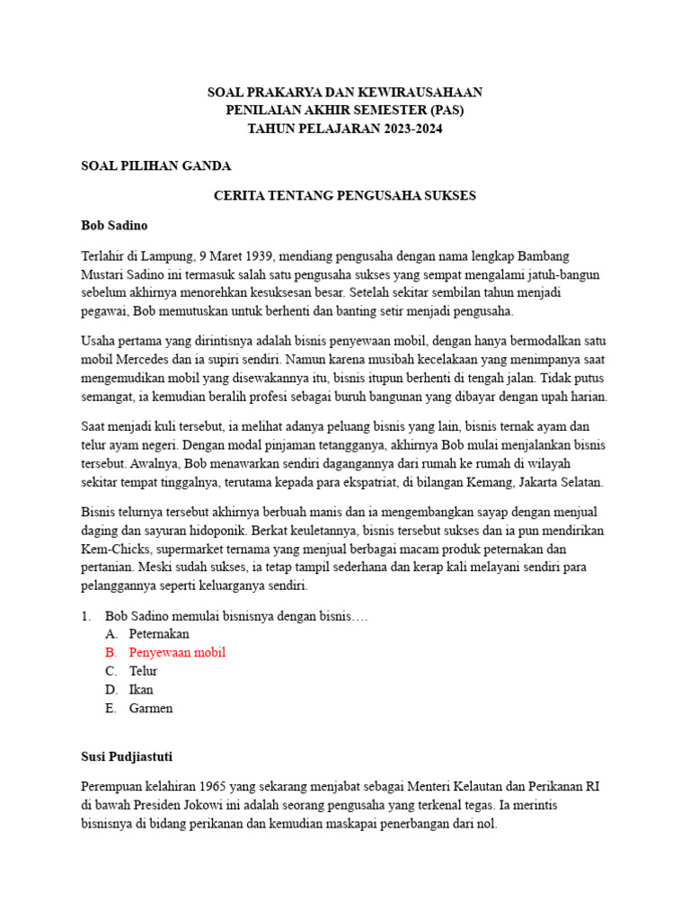 Soal Prakarya Ganjil Kelas Xi 2023 11186 | PDF