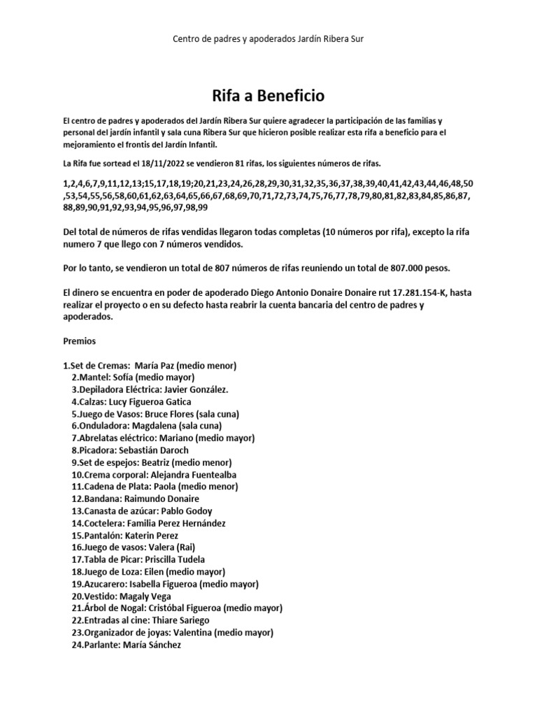 Comunicado Centro de Padres y Apoderados Rifa | PDF