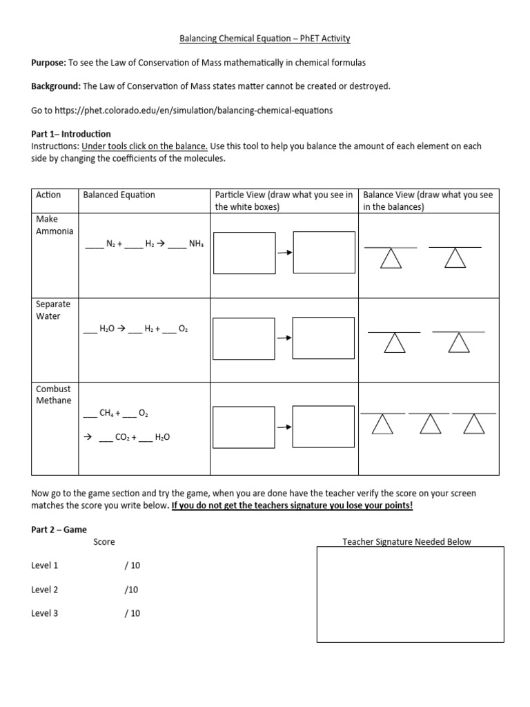 Balancing Chemical Equations - PhET Activity | PDF