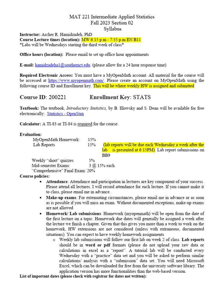 MAT221 02 Syllabus Fall2023 | PDF | Microsoft Excel | Computing