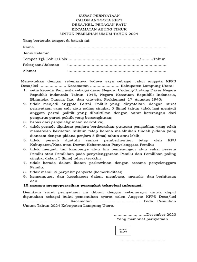 Format Surat Pernyataan KPPS | PDF Format Surat Pernyataan KPPS | PDF