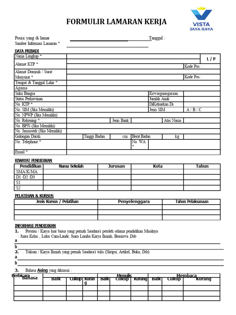 Form Lamaran PT Vista Jaya Raya | PDF