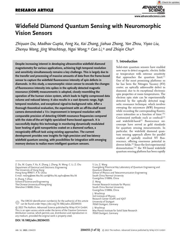Zhiqin Chu 2023 - Widefield Diamond Quantum Sensing With Neuromorphic Vision Sensors | PDF