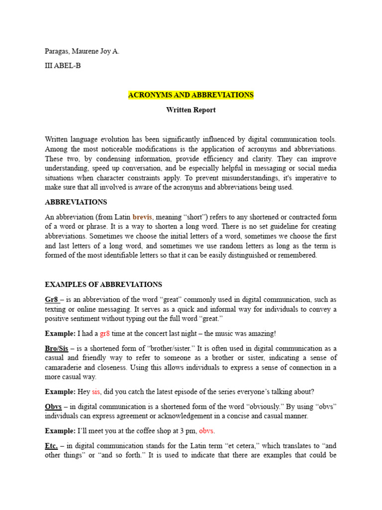 Paragas, Maurene Joy A. - Written Report (Acronyms and Abbreviations ...