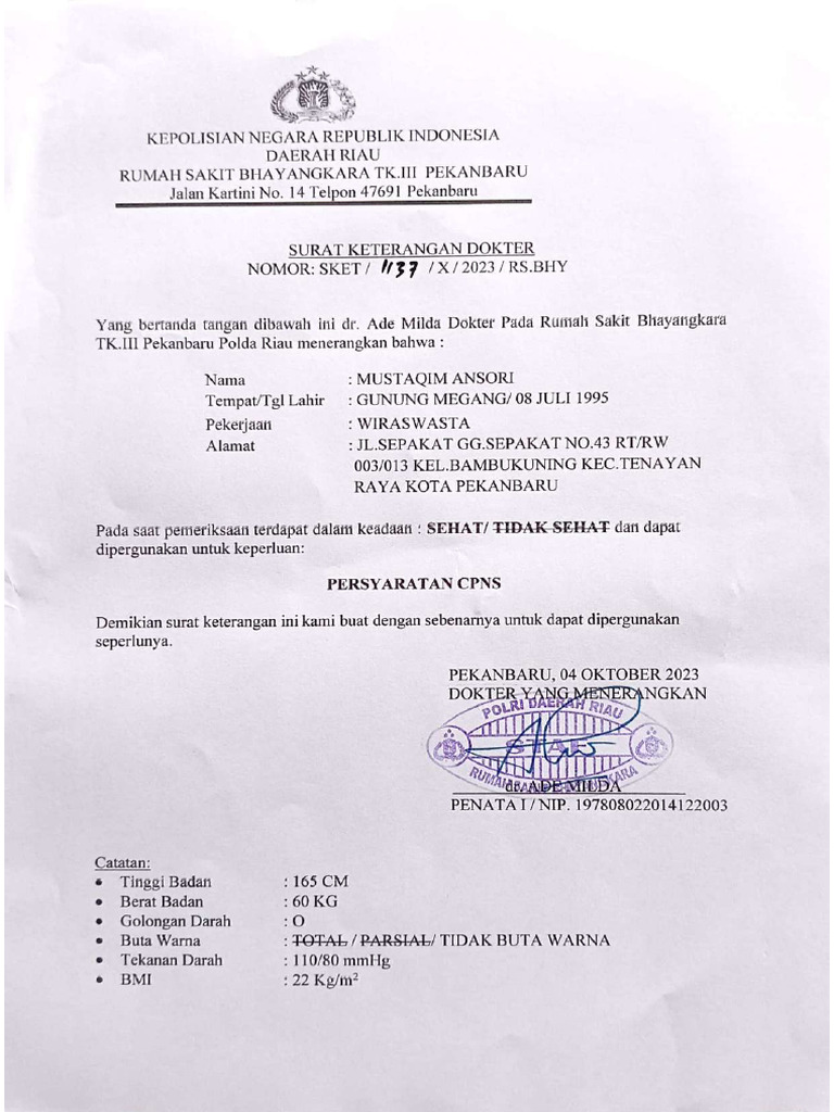 Surat Keterangan Sehat & Tidak Buta Warna | PDF