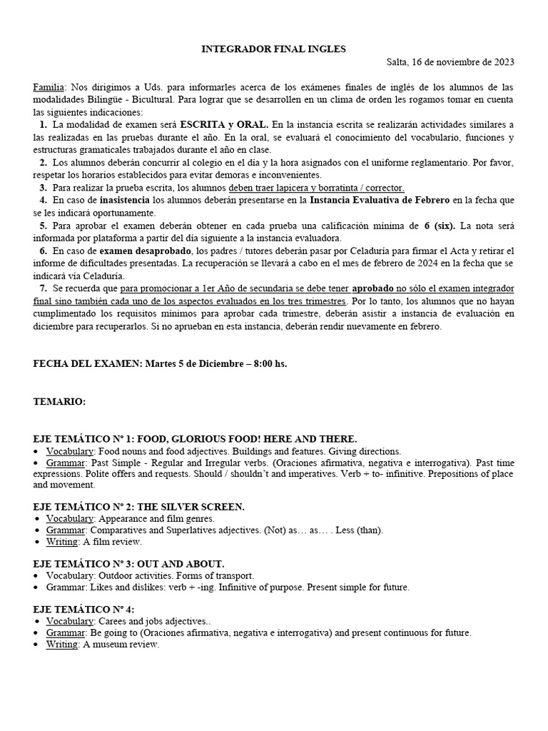 INTEGRADOR FINAL INGLES - Bilingue 7th | PDF | Escuelas | Psicología Educacional