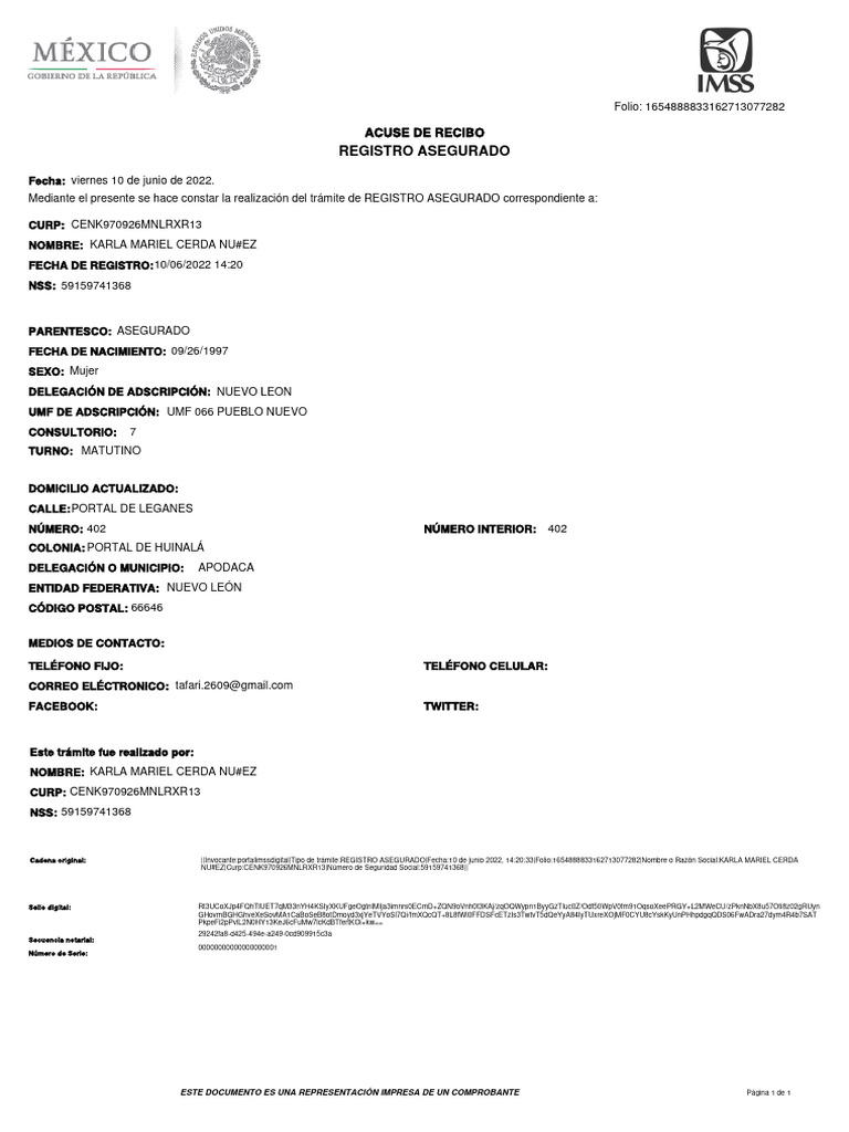 Registro Asegurado Karla Cerda Apodaca | PDF
