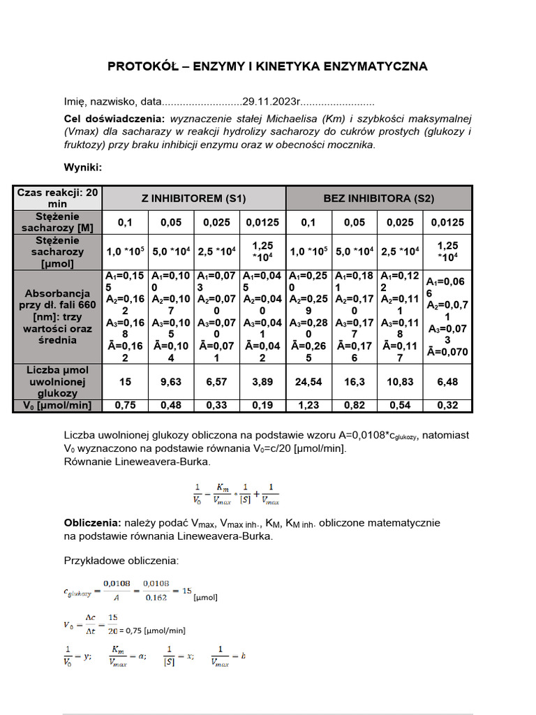 Kinetyka Reakcji Enzym Protokol | PDF