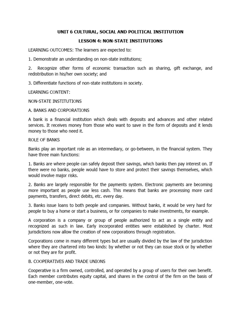 Non-State Institutions Overview | PDF | Banks | Non Governmental ...