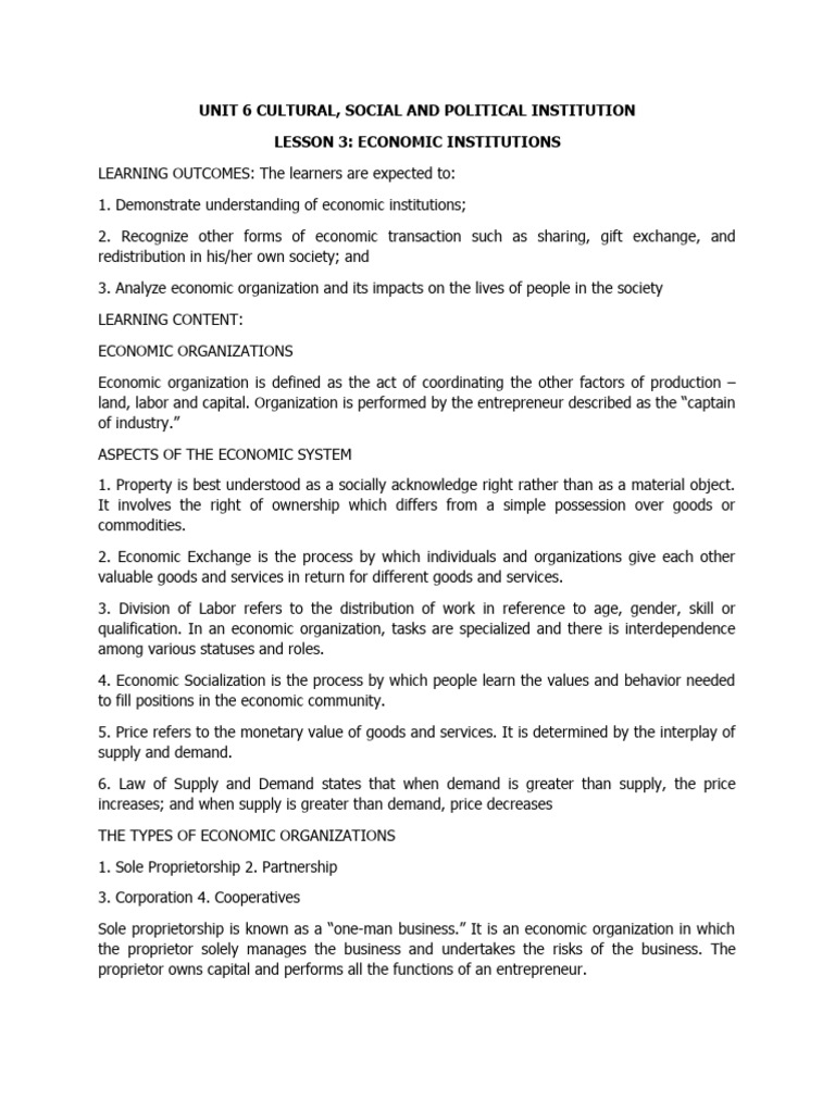 Economic Institutions Overview | PDF | Business | Cooperative