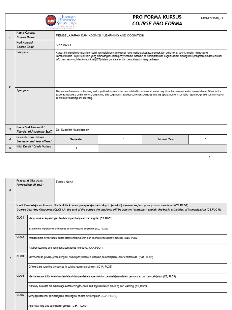 1.4 Proforma KPP60704 - Pembelajaran Dan Kognisi | PDF