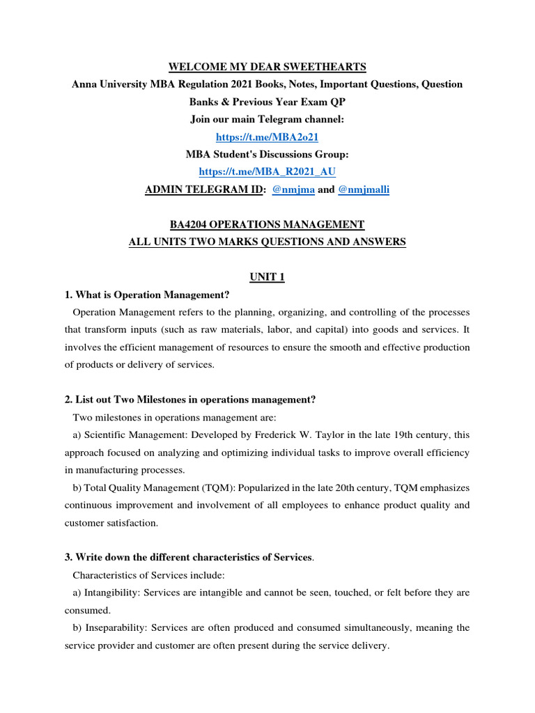 BA4204 OPERATIONS MANAGEMENT ALL UNITS 2 MARks | PDF | Inventory ...